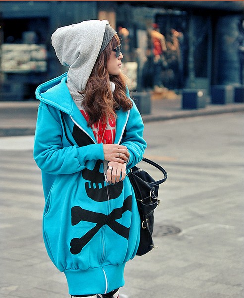 Cute Plus Long Hoodie Skull Cardigan Coats Pretty Blue Black on Luulla