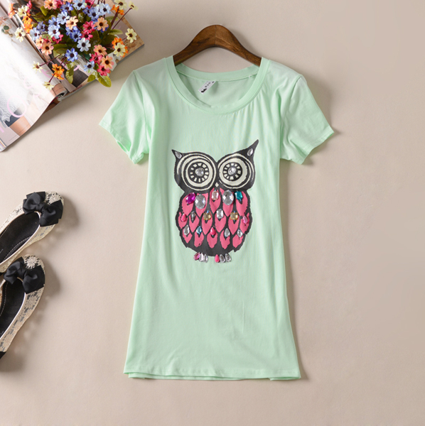Lovely Owl Womens T-shirts Printed Fashion Leisure Glass T-shirt Gem on ...