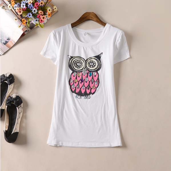 Lovely Owl Womens T-shirts Printed Fashion Leisure Glass T-shirt Gem on ...